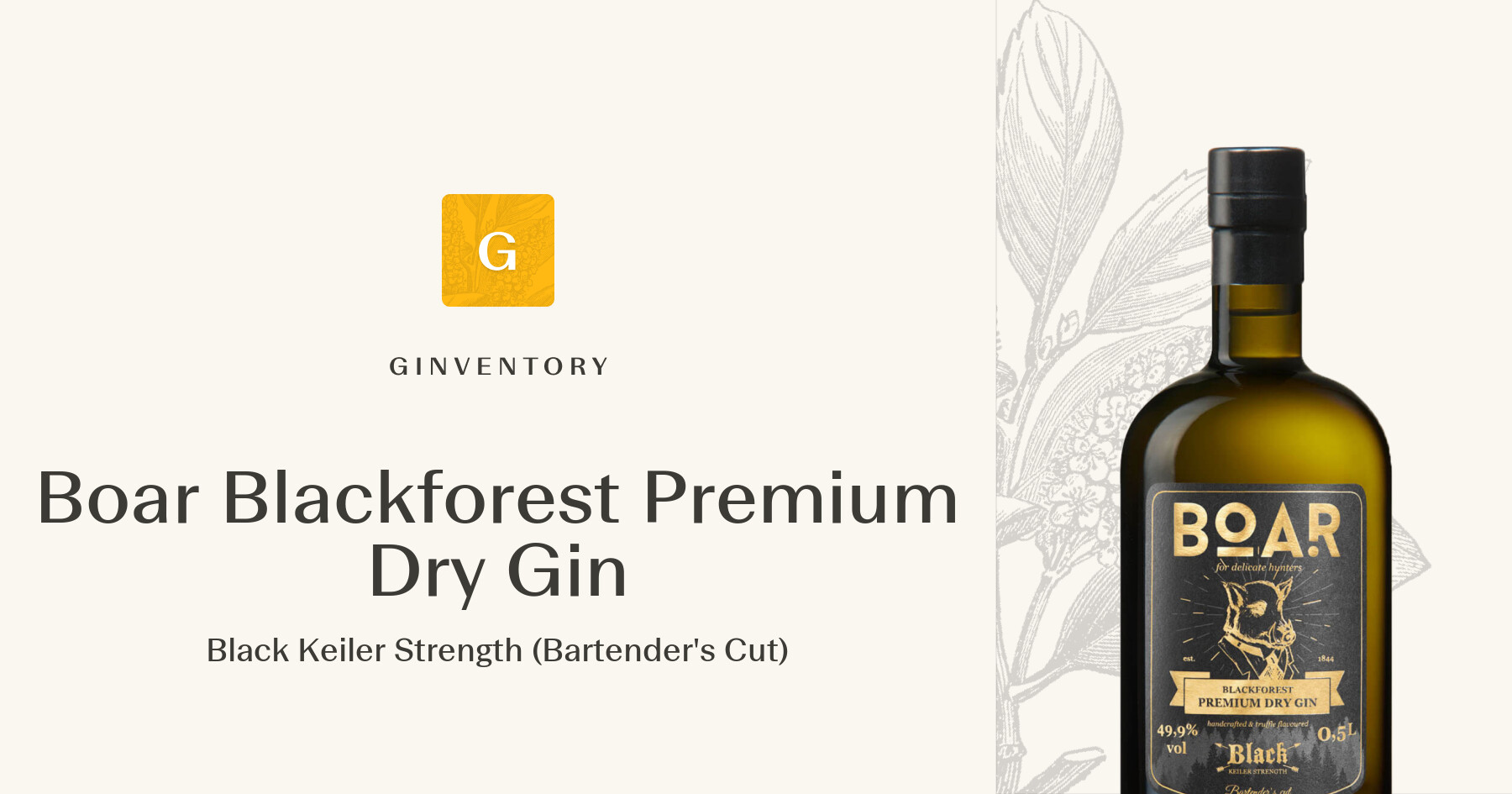 Boar Blackforest Premium Dry Gin - Black Keiler Strength (Bartender's ...